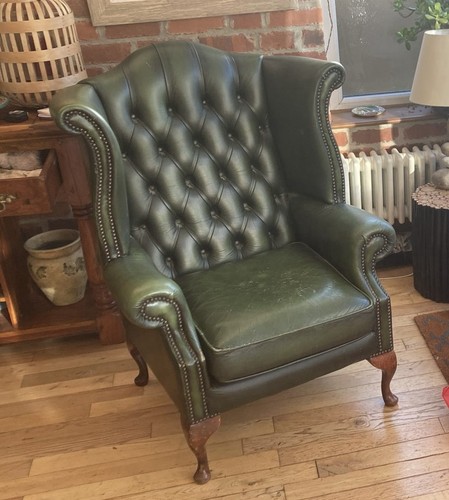 Green Leather High Back Queen Anne Chesterfield Chair | eBay UK
