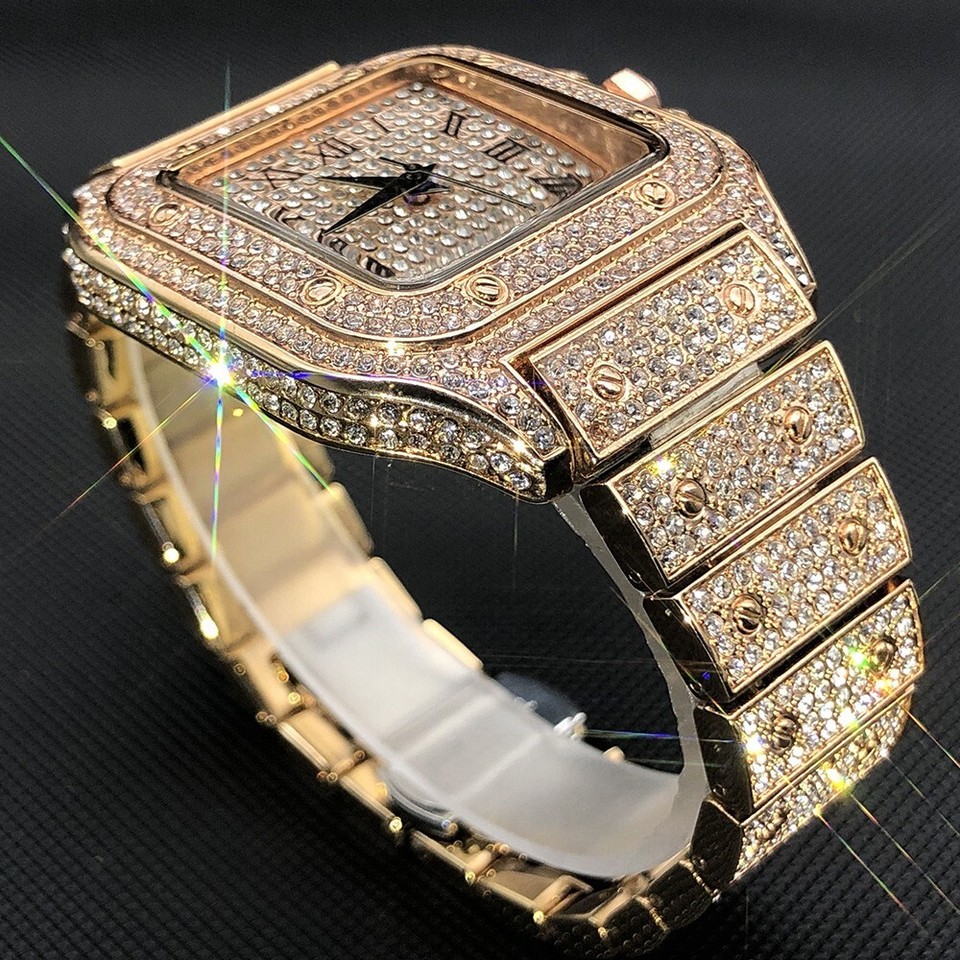 MISSFOX Men's Ice Out Watch Quartz Rose Gold Diamond Square Waterproof ...