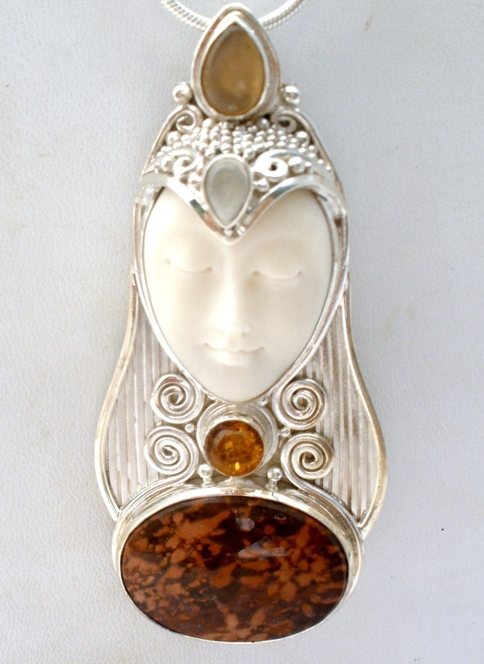 Sajen Carved Face Pendant Brooch Necklace Multi Gemstone Goddess ...