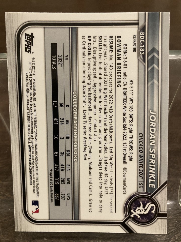 2022 Bowman Draft Chrome Jordan Sprinkle 1st Base Refractor #BDC-183 ...