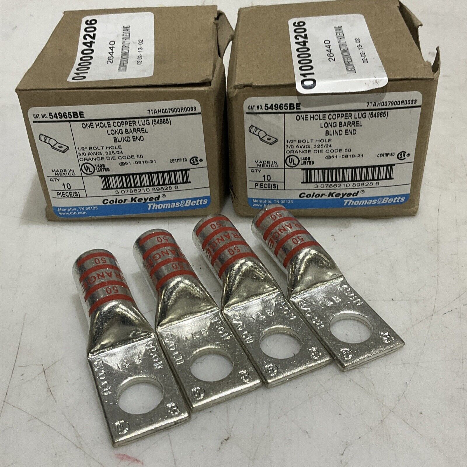 THOMAS & BETTS 54965BE ONE HOLE COPPER LUG LONG BARREL 1/2” LOT OF 20 ...