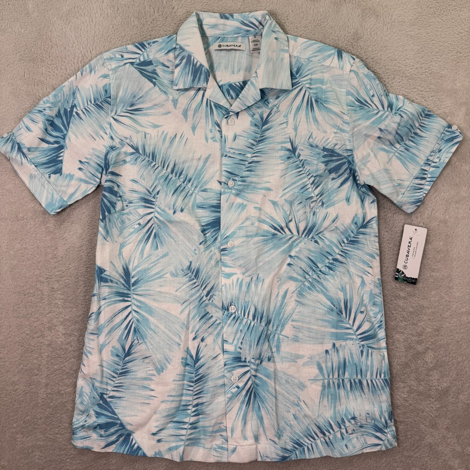 Cubavera Shirt Men Small Blue White Tropical Leaf Print Short Sleeve ...