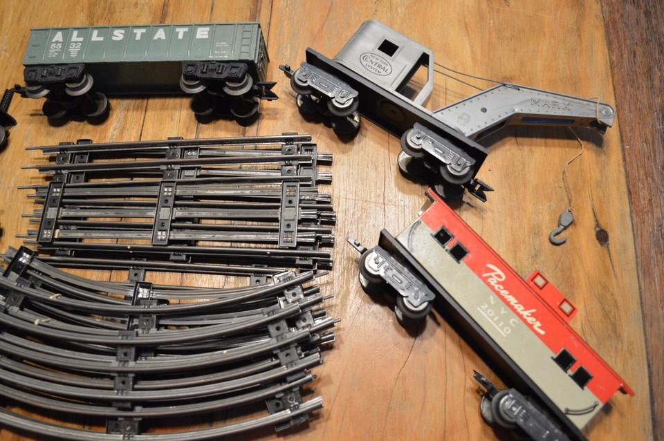 Vtg MARX Train Set,Sears Allstate,Tin Cars,Crane,Crossing Gate,Track ...