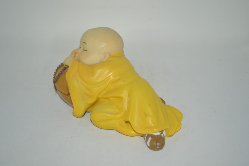 Buddhist Boy Monk Asleep on Fish Drum Figurine Sculpture Yellow Robe 6 ...