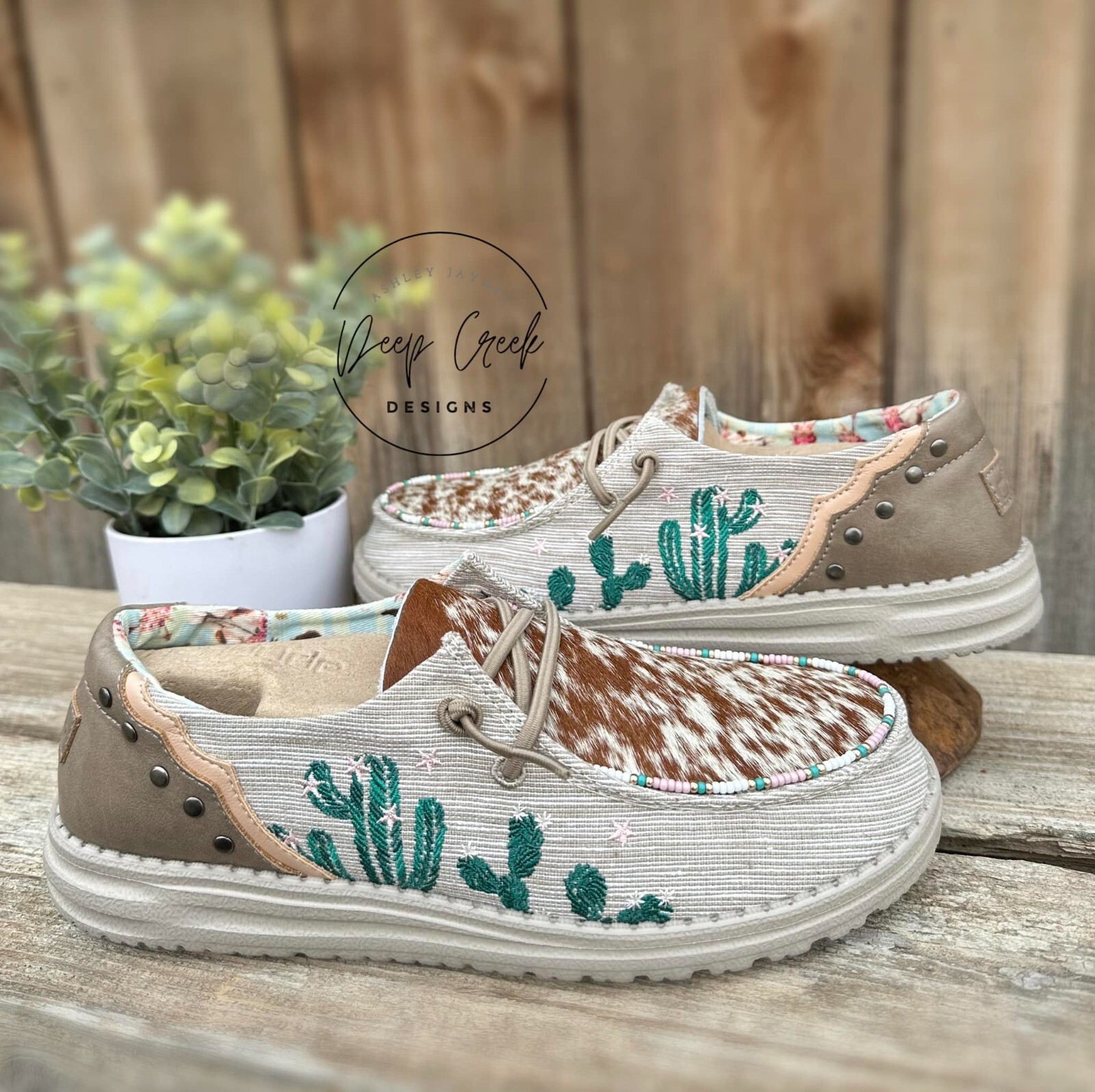 Custom Cactus / Western Rodeo Cowhide Hey Dude w/ Custom Bead Work in ...