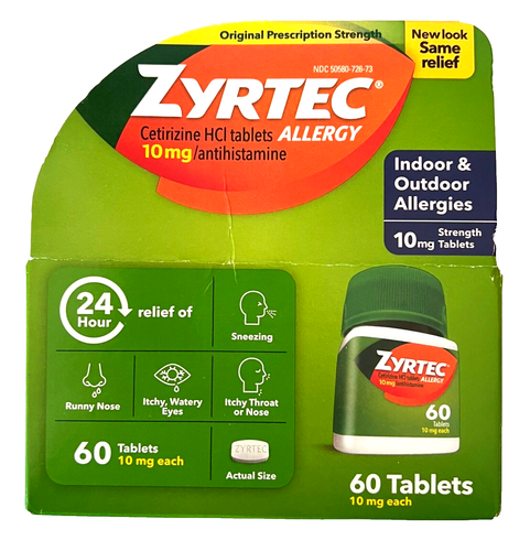 ZYRTEC 60 TABLETS BOX *ORIGINAL STRENGTH* 24HR INDOOR/OUTDOOR ALLERGIES ...