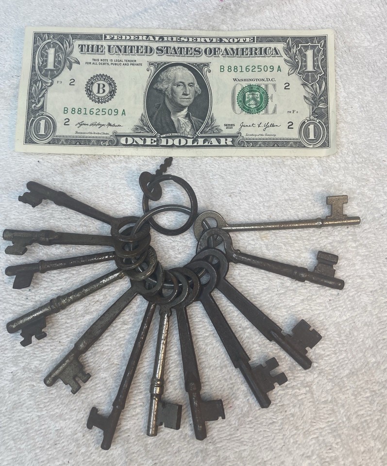 MIXED LOT 12 VINTAGE Vtg ANTIQUE SKELETON KEYS TAYLOR, SARGENT, NASHUA ...