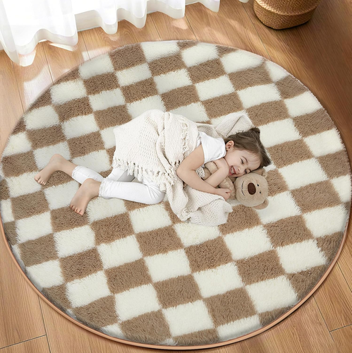 Super Soft Rug, round Rug for Bedroom, 5X5 Ft Beige and White Checkered ...
