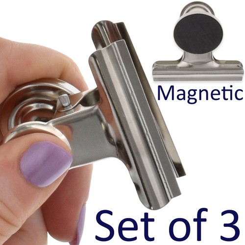 3 x STRONG MAGNETIC BULLDOG CLIPS Metal Fridge Magnet Note Paper Holder ...