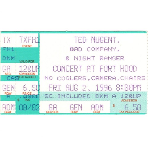 TED NUGENT BAD COMPANY Concert Ticket Stub FORT HOOD TEXAS 8/2/96 US ...