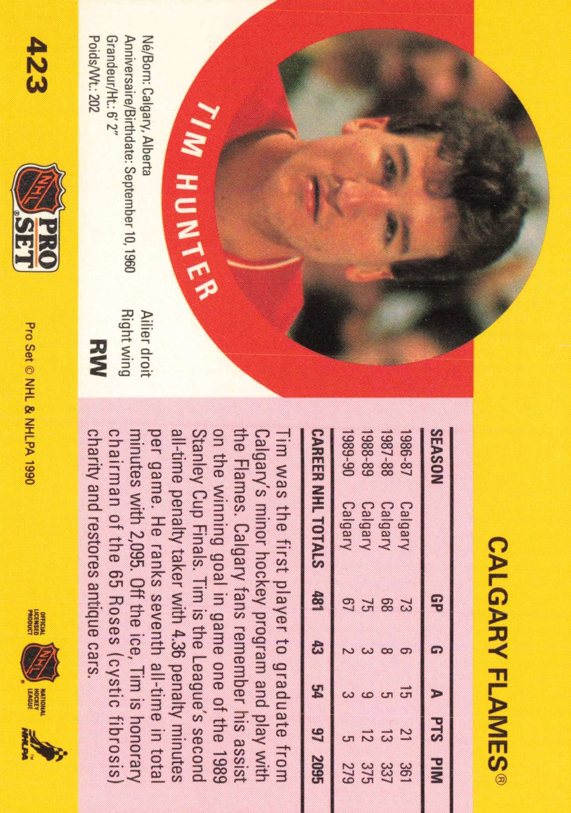 Tim Hunter 1990 Pro Set #423 Calgary Flames | eBay