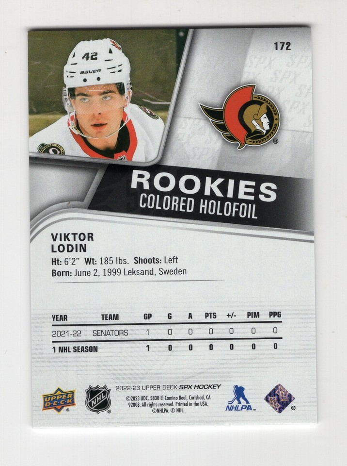 Viktor Lodin Rookies Colored Holofoil 172 #d 041/149 2022-23 UD SPX ...