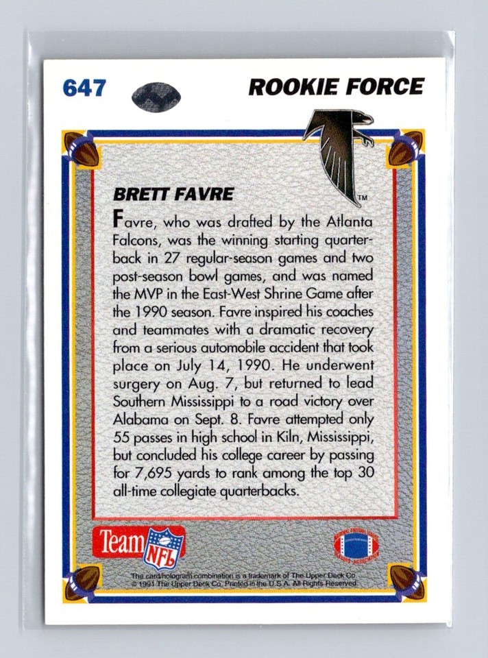 1991 Upper Deck #647 Brett Favre RC Atlanta Falcons Rookie Force | eBay