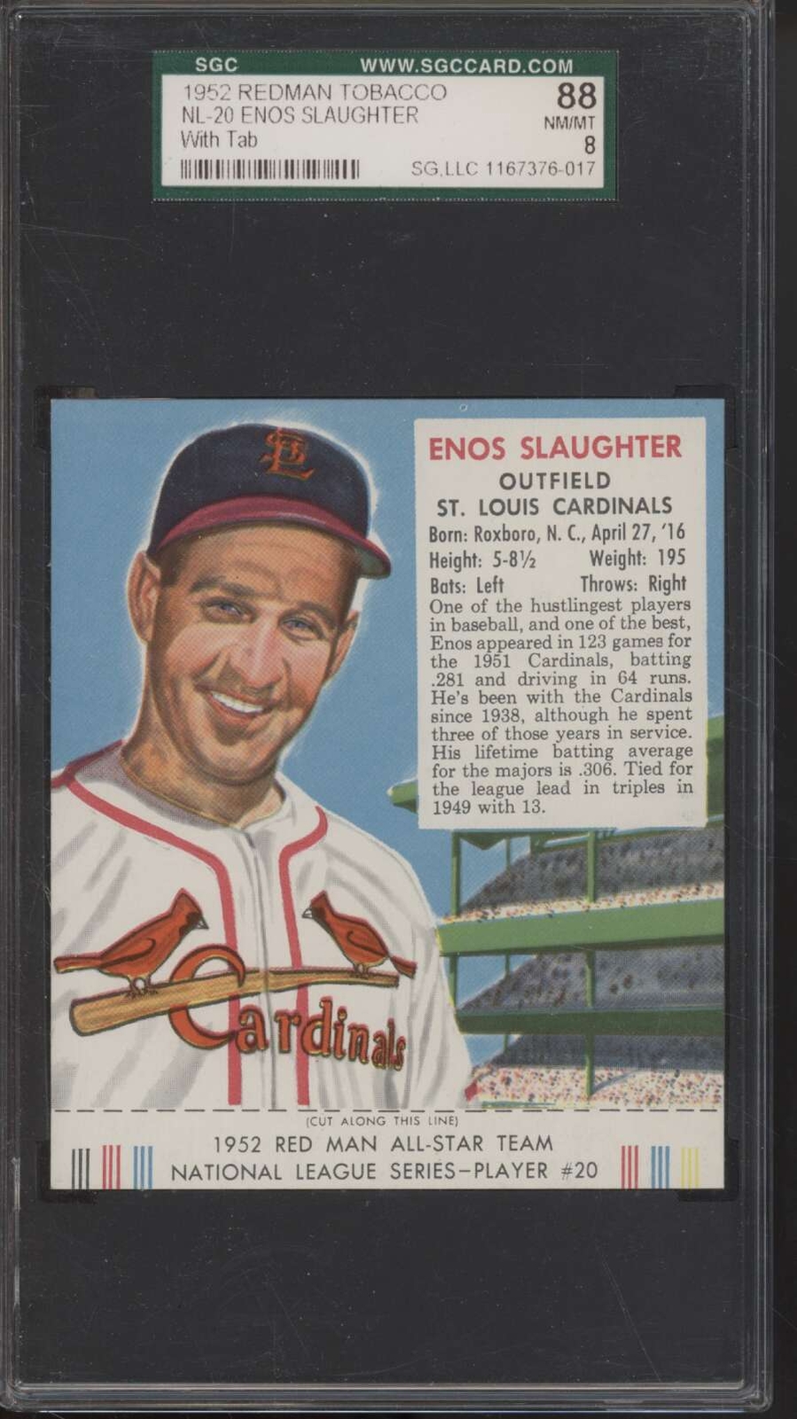 1952 Red Man NL w Tab #20 Enos Slaughter HOF SGC 88 NMMT 8 71593 | eBay