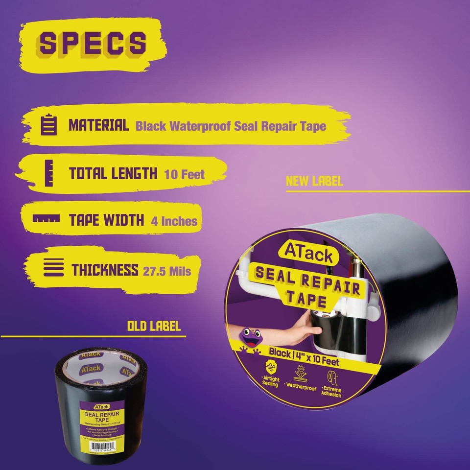 Waterproof Patch and Seal Tape, Black, 4 Inches x 10 Feet, Water ...