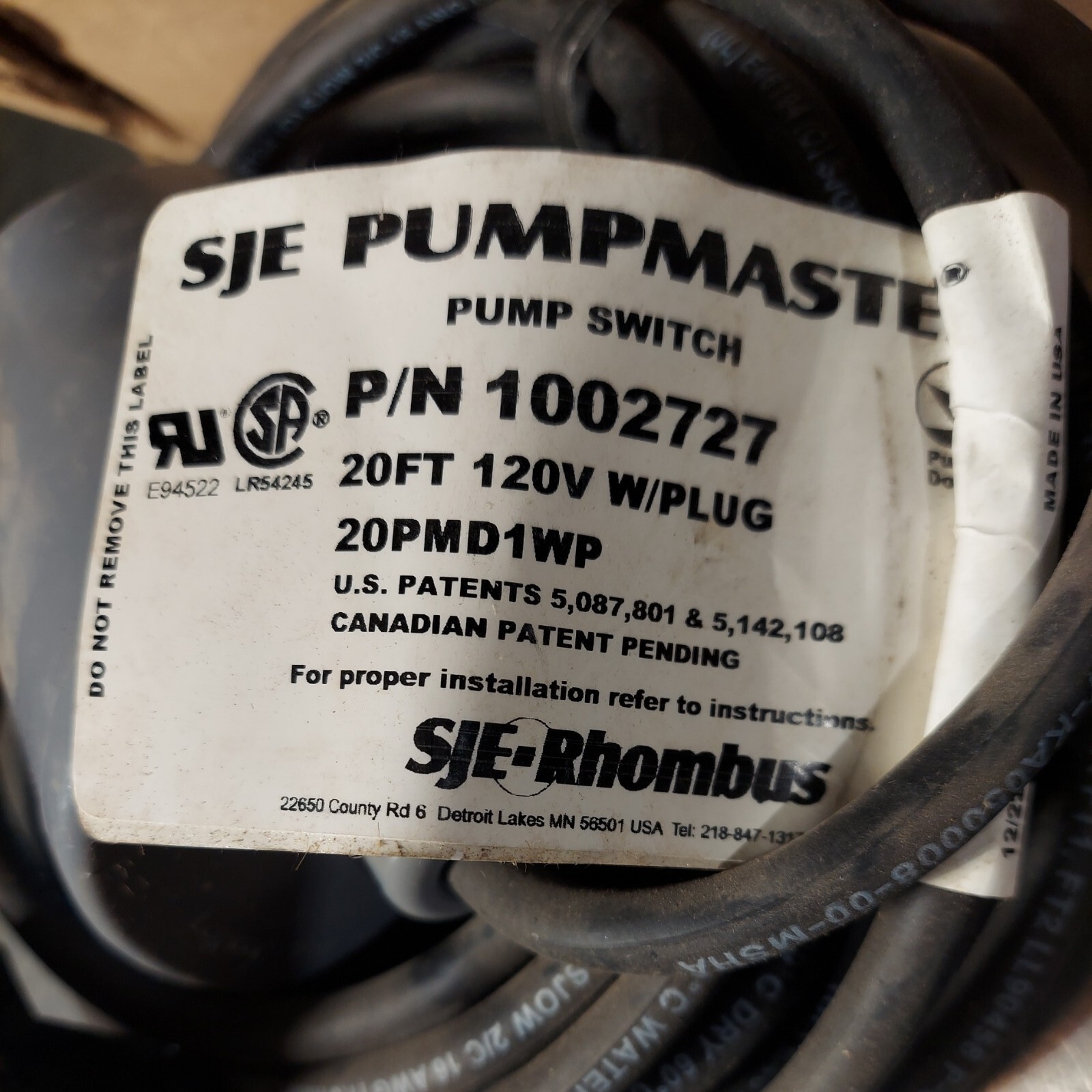 SJE-RHOMBUS PUMPMASTER PUMP SWITCH P/N 1002727. 20' 120V w/Plug | eBay
