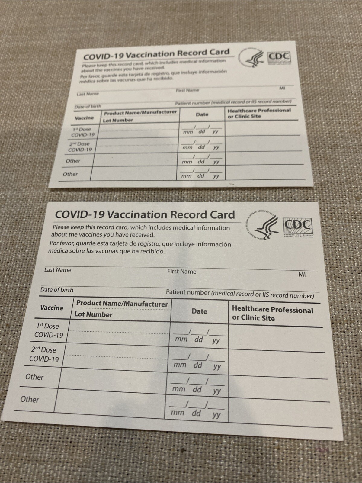 2 COVID-19 CDC Vaccination Blank Card Collector Use Only FREE SHIP
