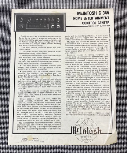 MCINTOSH C34V HOME ENTERTAINMENT CONTROL CENTER TECHNI-DATA QUICKSHEET J0693 | eBay
