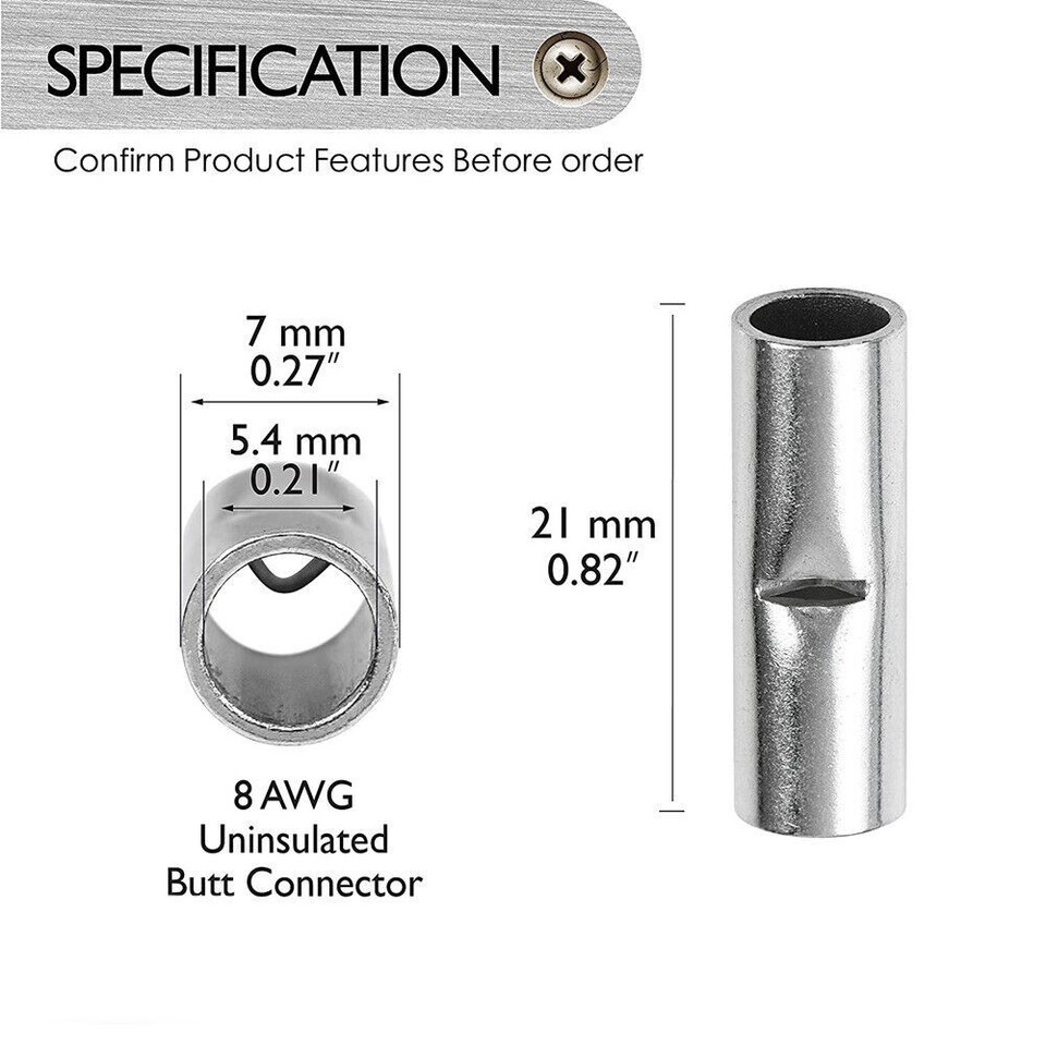 8awg Non-Insulated BN8 Copper Wire Butt Splice Connector Ferrule Crimp ...