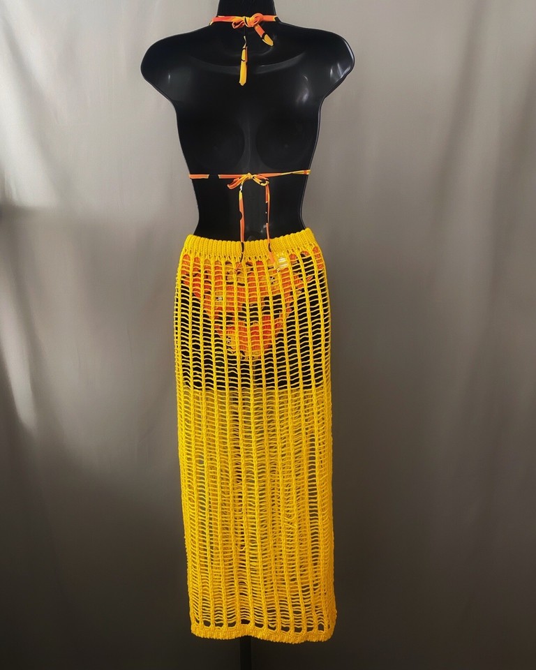 Yellow Cutout Crochet Fishnet Long Maxi Skirt, Bathing Suit Cover Up | eBay