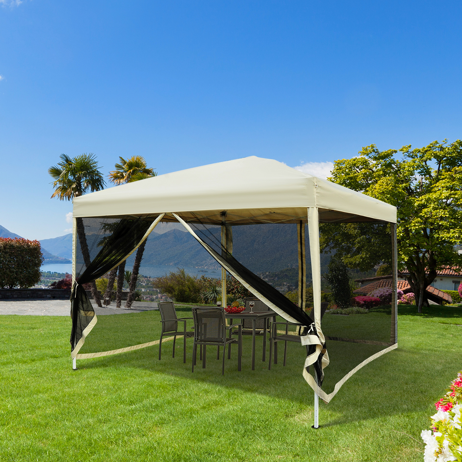 Outdoor Gazebo Canopy 9.7' x 9.7' Pop Up Party Tent Mesh Net Patio Tan ...