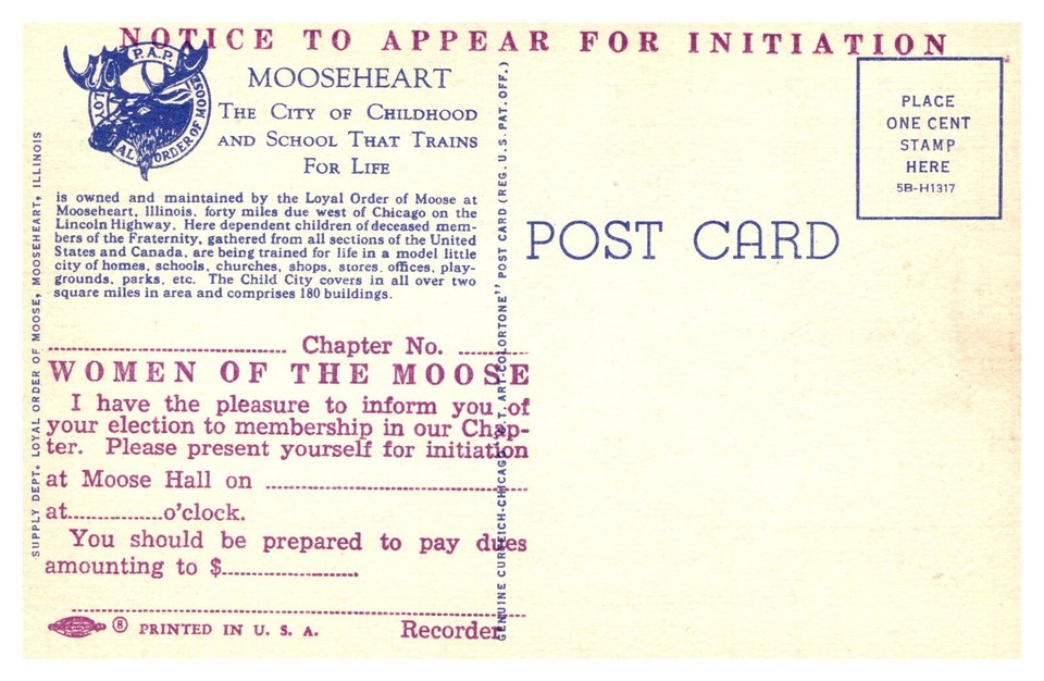 Illinois IL The Spirit of Mooseheart City of Childhood Notice Linen ...