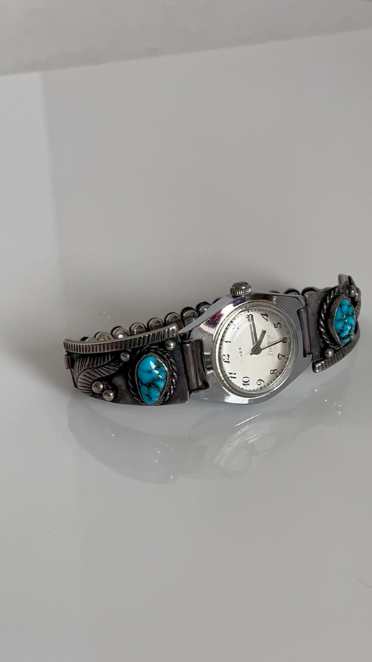 Vtg. Signed Native Sterling Turquoise Watchband Tips w/Working Vtg ...