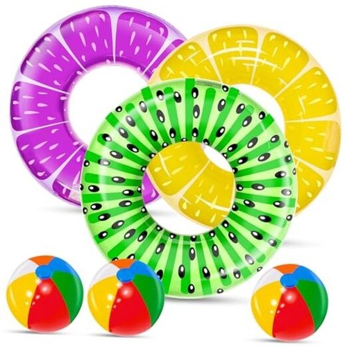 6 Pack Pool Floats Kids, 3 Pcs Inflatable Fruits Swim Tubes Rings & 3 ...