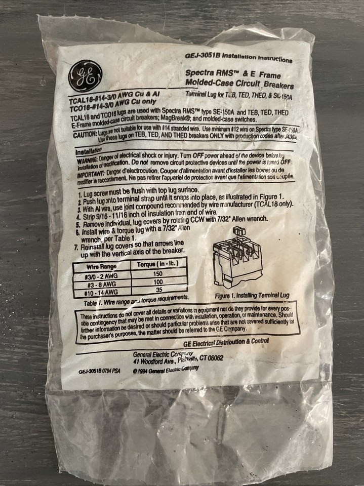 GE TCAL18 (3 Pack) 150 Amp Lug for SE Frame Breaker #12-3/0 AWG CU/AL ...