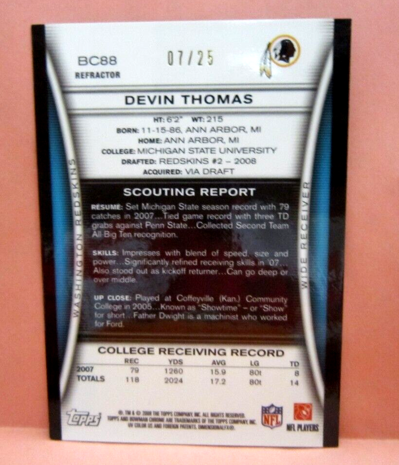 Devin Thomas 2008 Bowman Chrome GOLD REFRACTOR Rookie Auto#07/25 ...