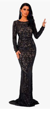 Lin Lin Q Black Maxi Round Neck Long Sleeve Full Lace Sequin Dress ...