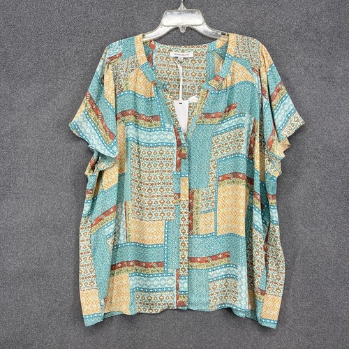 Rose + Olive Top Womens Plus 3X Tael orange Floral Boho V neck Button ...