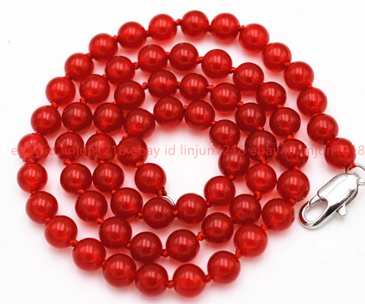 Beautiful Natural 6mm Red Jade Round Beads Gemstone Necklace Long 18 ...
