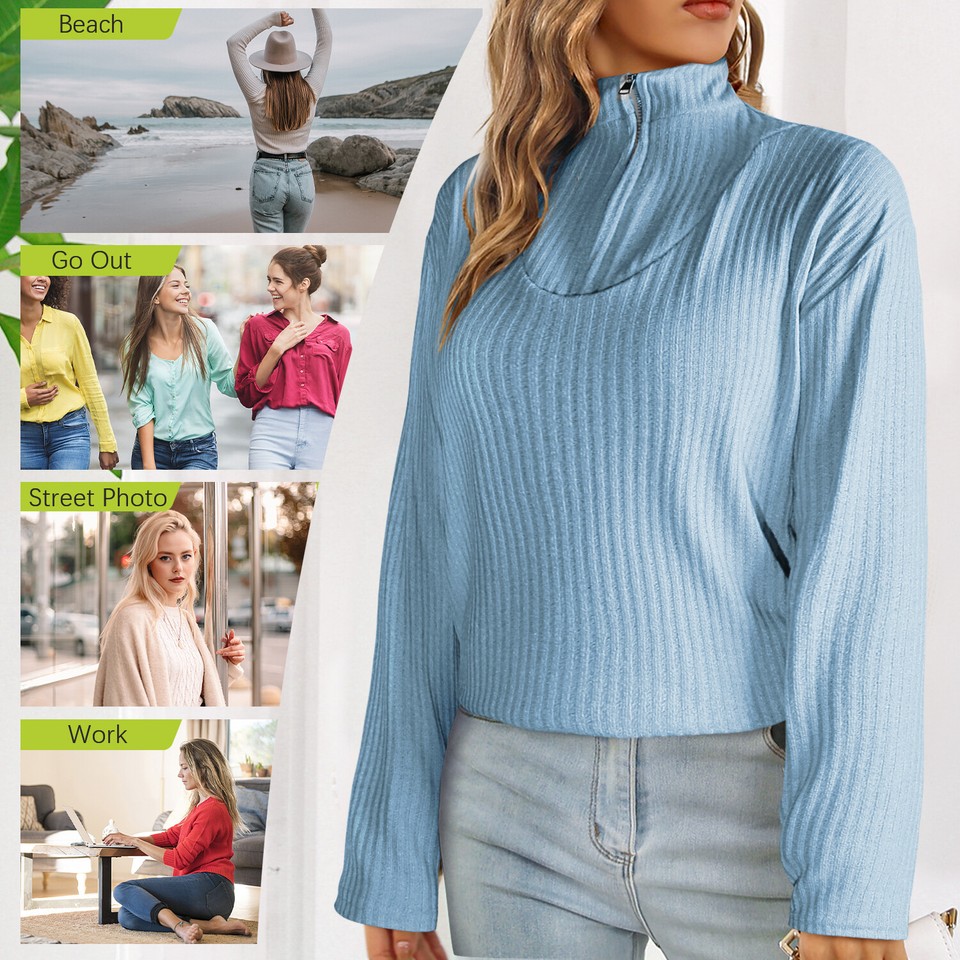 Women's Ladies Knitted Long Sleeve Tops Pullover Zip V Neck Loose ...
