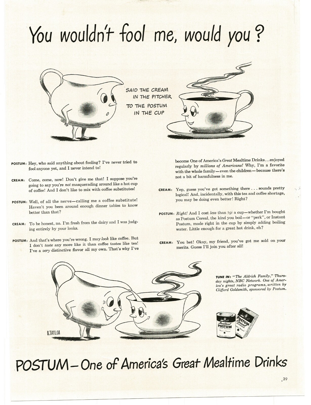 1943 Postum Instant Drink and Cereal Cartoon Richard Taylor art Vintage ...