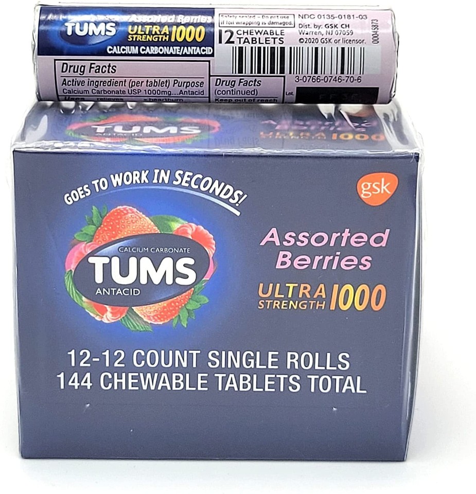 Tums Ultra 1000 Assorted Berries 12 Count x 12 Rolls (144 ct Each ...