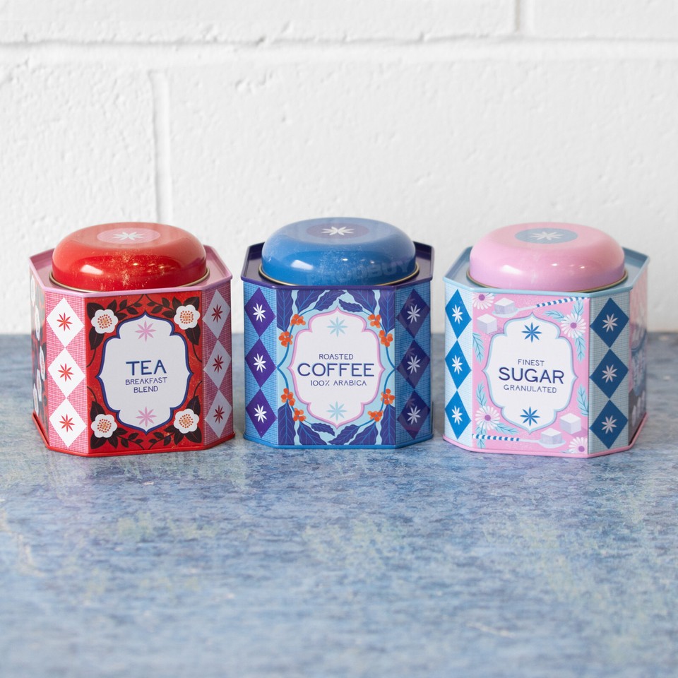 Set of 3 Tea Coffee Sugar Tins 0.8L Kitchen Storage Canisters Blue Red ...