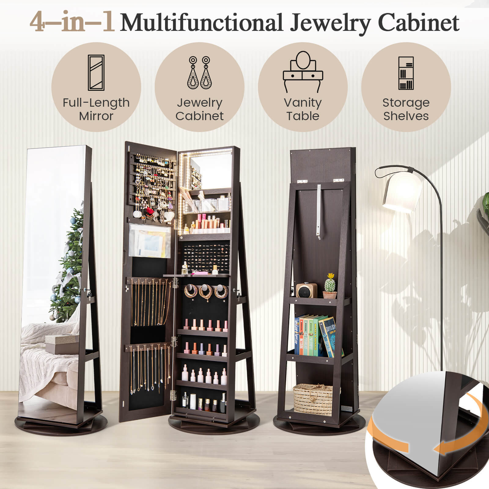 360° Rotating Mirrored Jewelry Cabinet Armoire 3 Color LED Modes ...