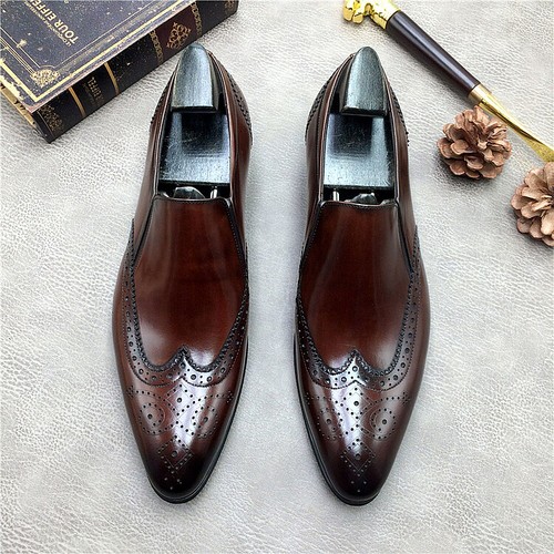 British Wing Tip Carved Real Leather Shoes Formal Dress Brogues Mens ...