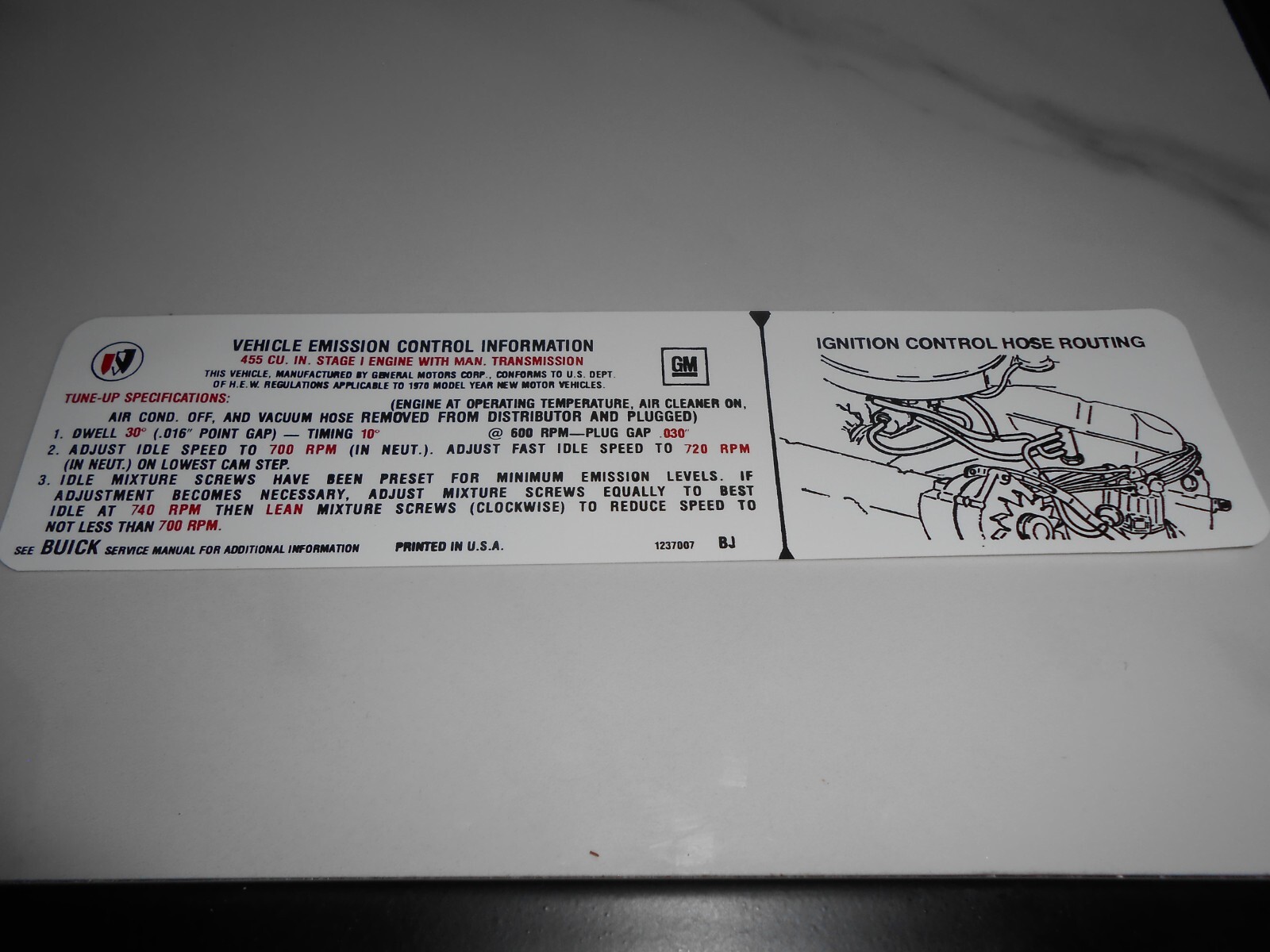 1970 Buick 455 Stage 1 M/Trans Emissions Decal Reproduction by Jim ...