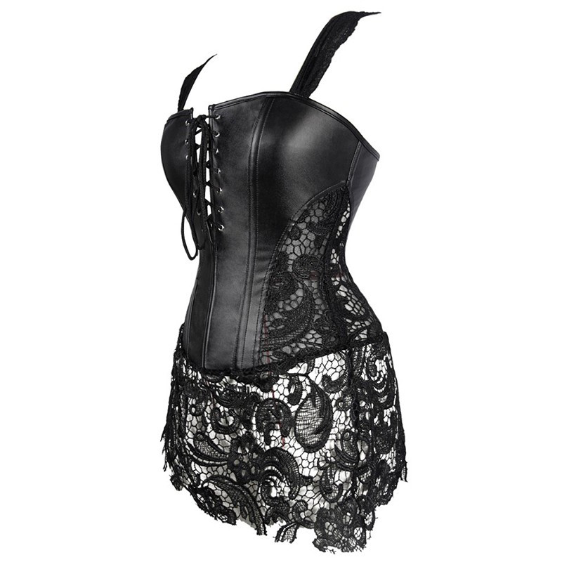 Christmas Women Steampunk Faux Leather Lace Corset Dress Boned Basques ...