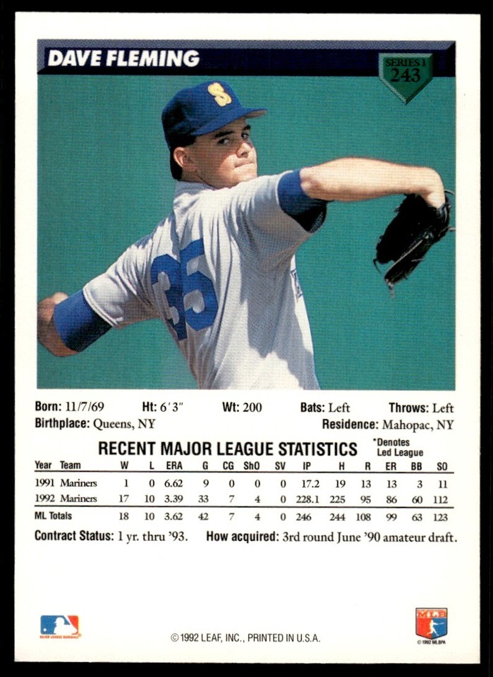 1993 Donruss Baseball Card Dave Fleming Seattle Mariners #243 | eBay
