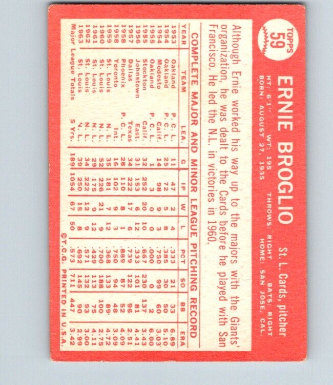 1964 TOPPS BASEBALL #59 ERNIE BROGLIO MID GRADE JH | eBay