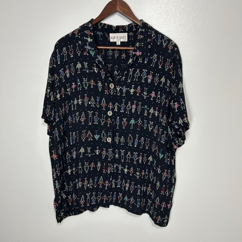 Vintage David Dart Sport Doodle Graphic Button Up XL Mens FLAWS Novelty ...