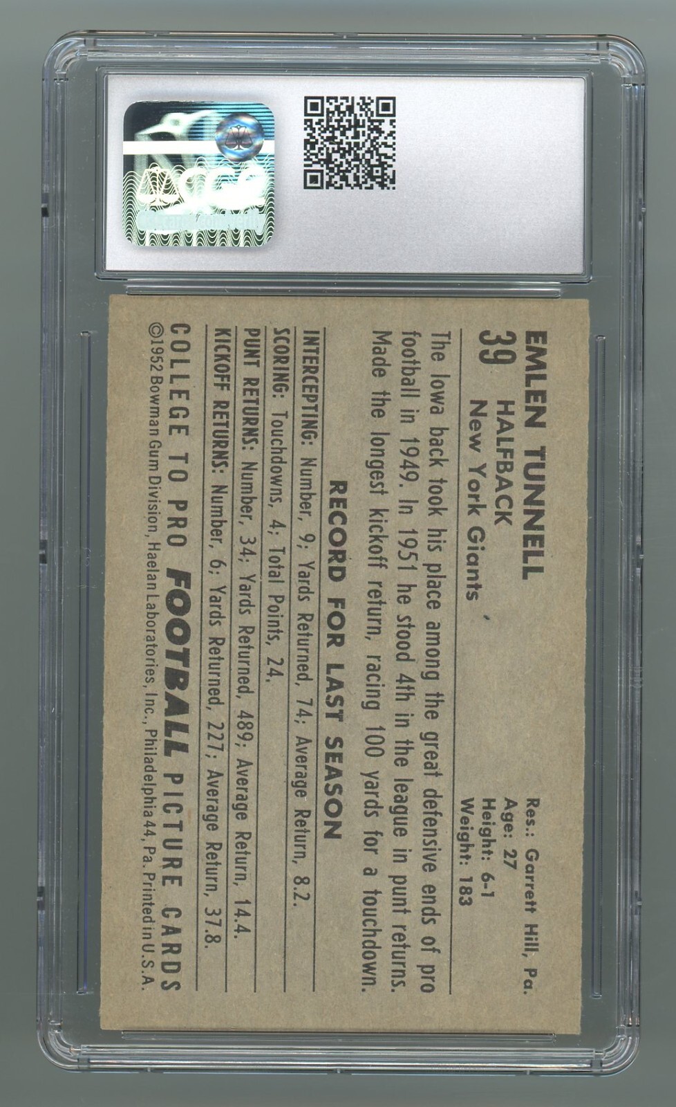 1952 Bowman Large #39 Emlen Tunnell CGC 7 NEAR MINT #4331050 | eBay