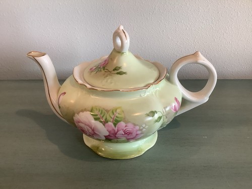 Vintage Lefton Porcelain Musical Teapot Light Green Pink Roses Plays | eBay