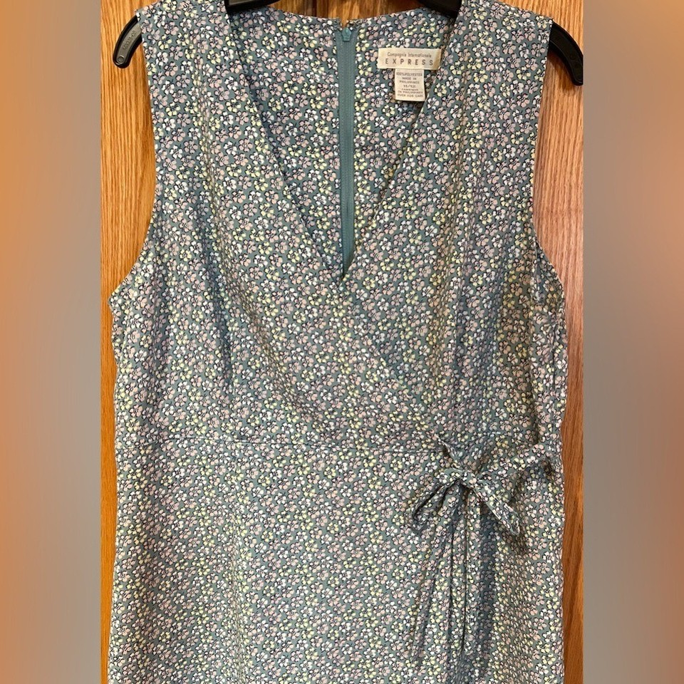 Compagnie Internationale Express Green/Yellow Floral Faux Wrap Dress ...