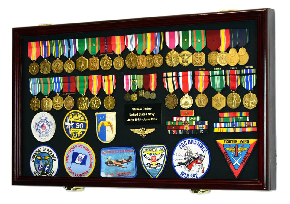 Large Military Medals Flag Pins Ribbons Patches Display Case Cabinet ...