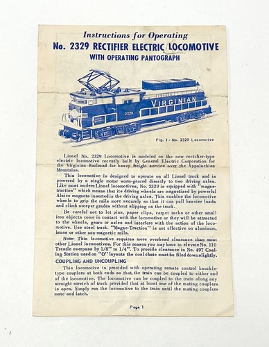 Postwar Lionel 2329 Virginian Rectifier INSTRUCTION SHEET ONLY | eBay