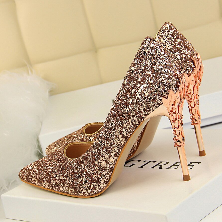 Women 10cm High Heels Glitter Pointed Toe Pumps Stilettos Wedding Party ...